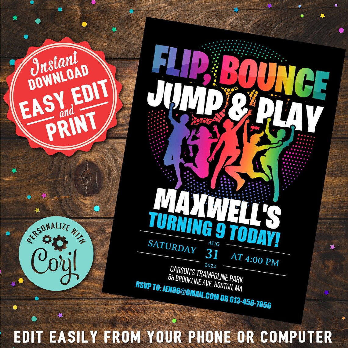 Trampoline Birthday Party Invitation Boys Printable Editable | Etsy
