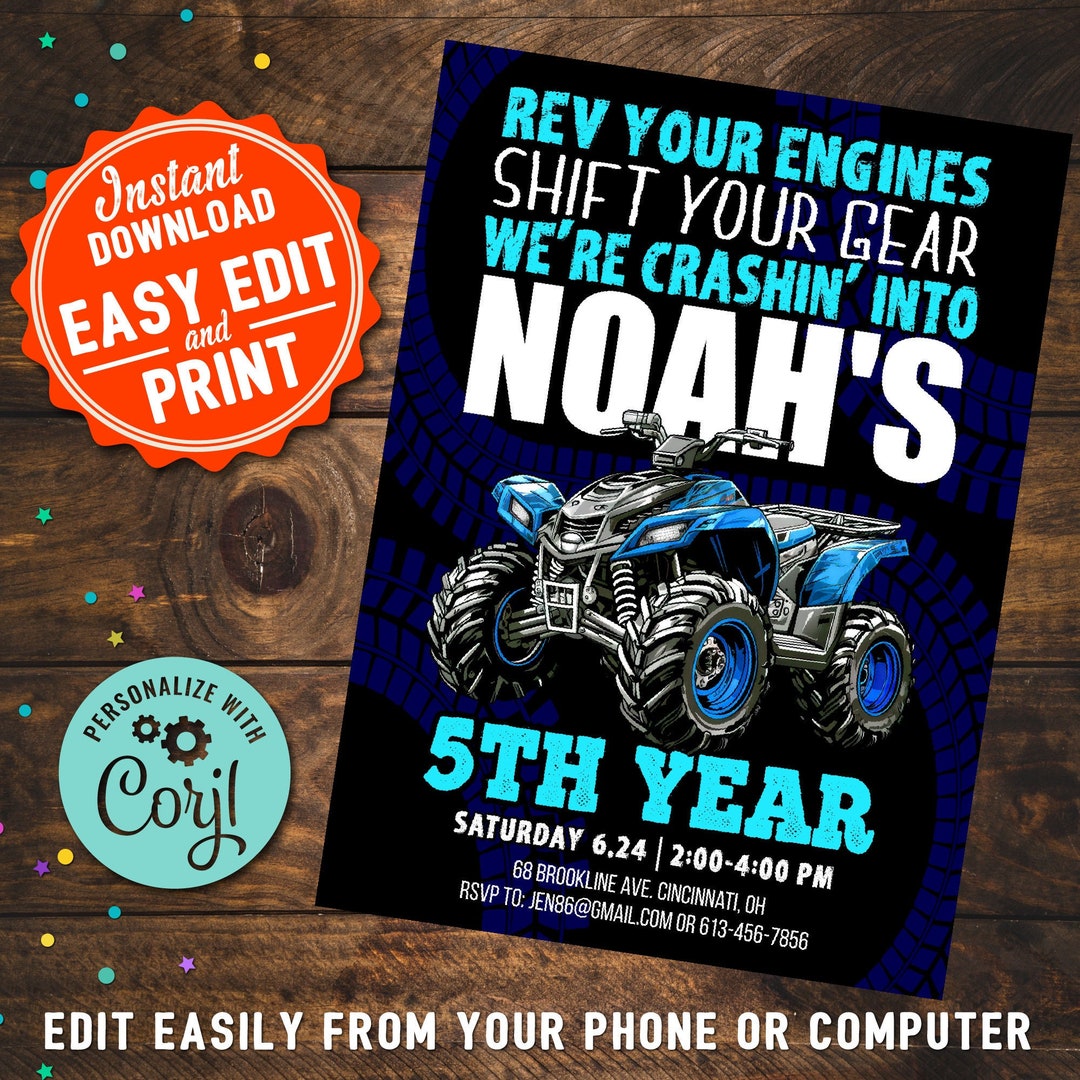 4 Wheeler Quad ATV Birthday Party Invitation Boys DIY Printable ...