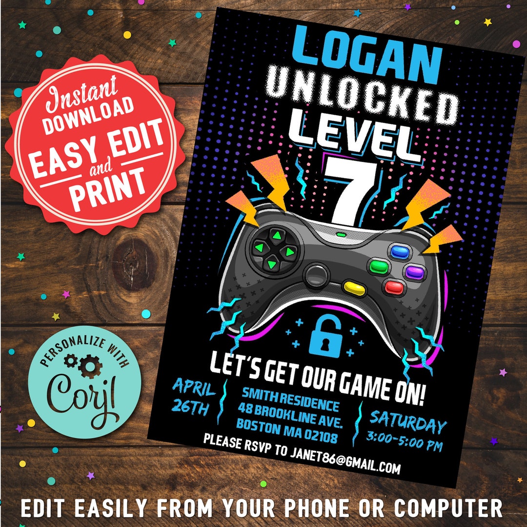 Video Game Level 7 Unlocked Birthday Party Invitation Boys Printable ...
