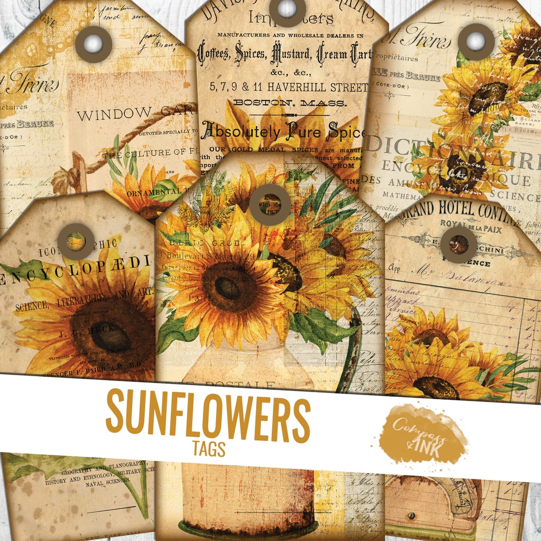 Sunflower Ephemera Tags, Sunflower Junk Journal Tags, Sunflower Tags ...