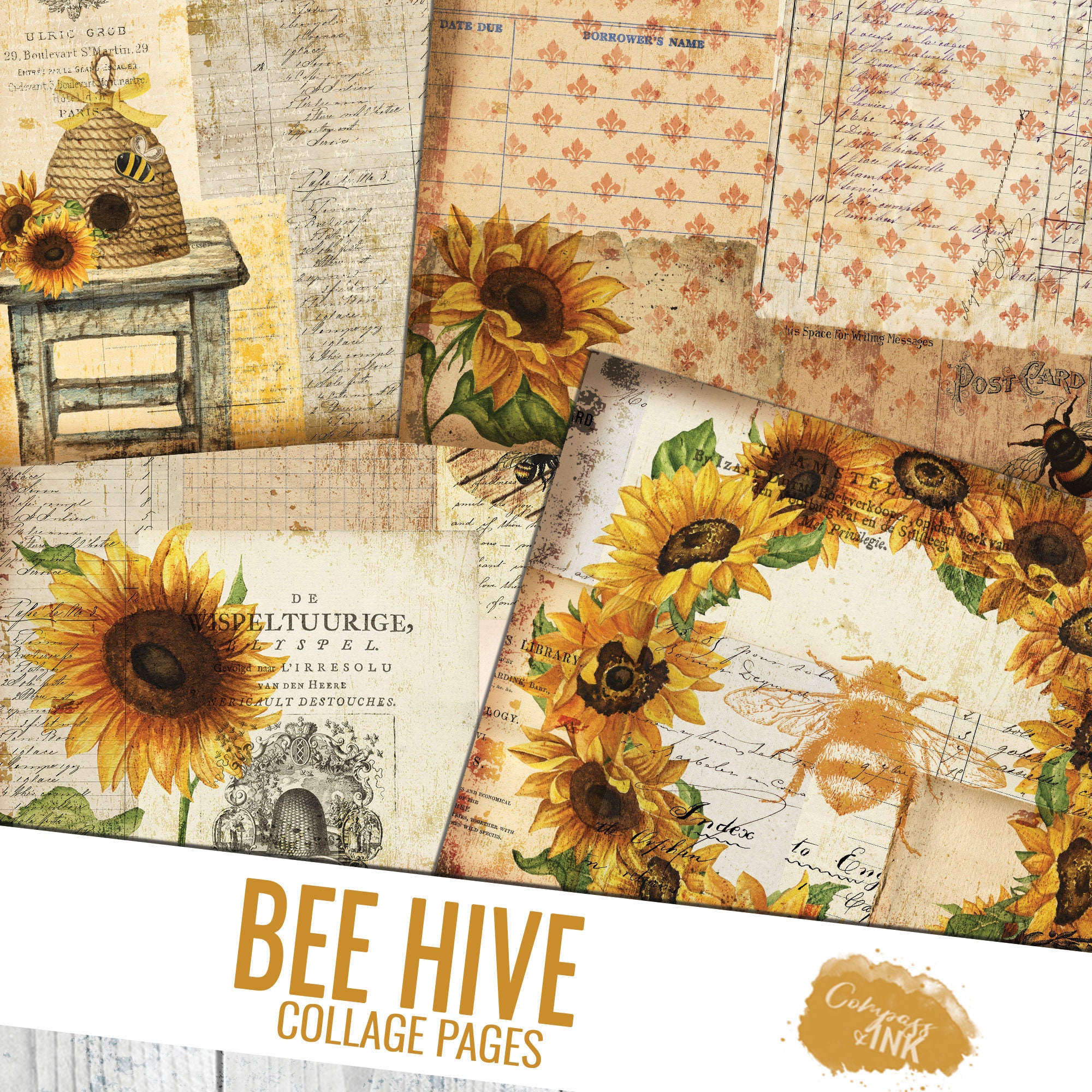 Bee Junk Journal Kit Bee Hive Collage Pages Junk Journal - Etsy