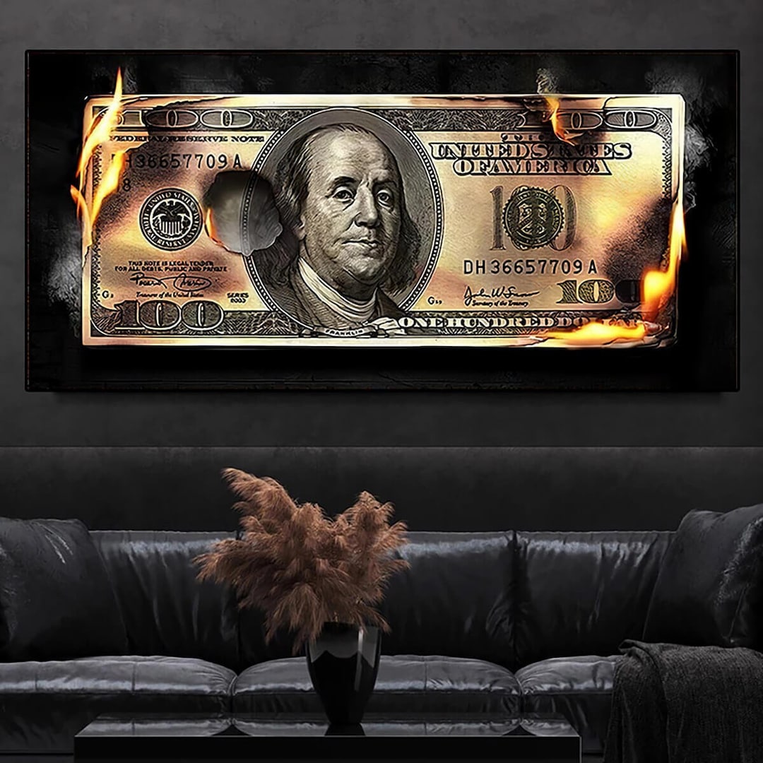 Burning Dollar Cash Money Canvas Painting Print Wall Art Dolla Bill Ya ...