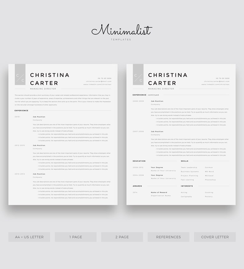 Modern Resume Template, Minimalist Resume, Creative Resume, CV Template ...