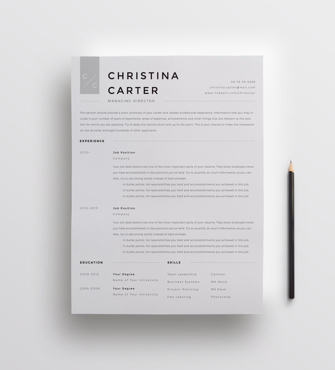 Modern Resume Template, Minimalist Resume, Creative Resume, CV Template ...