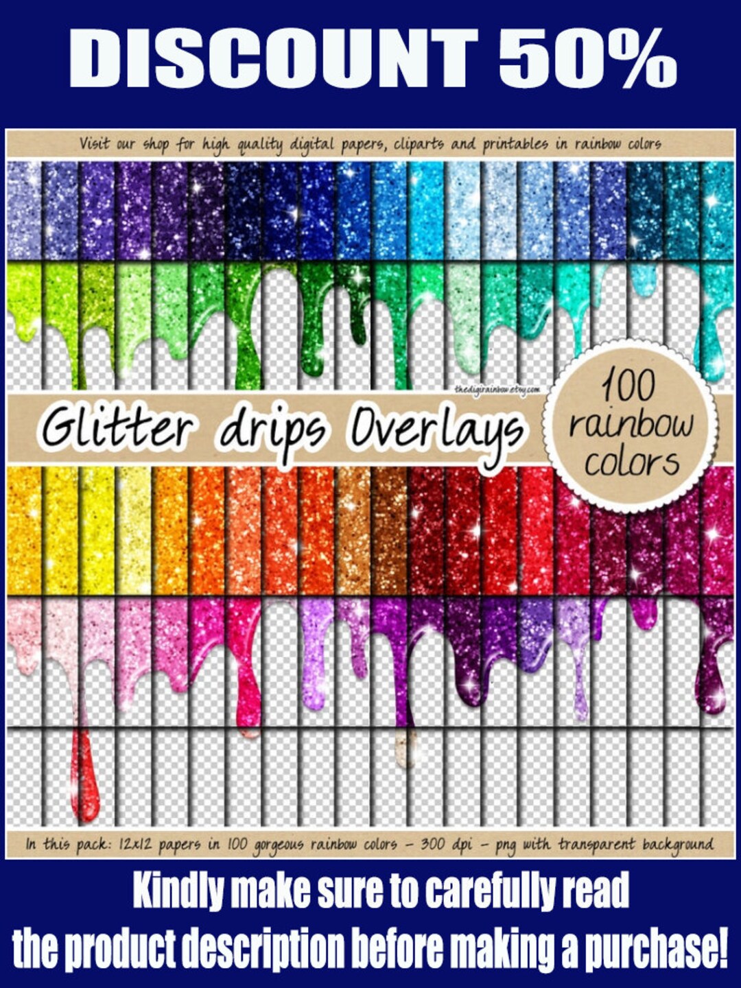 100 Seamless Glitter Drips Overlays Rainbow Glitter Digital Paper ...