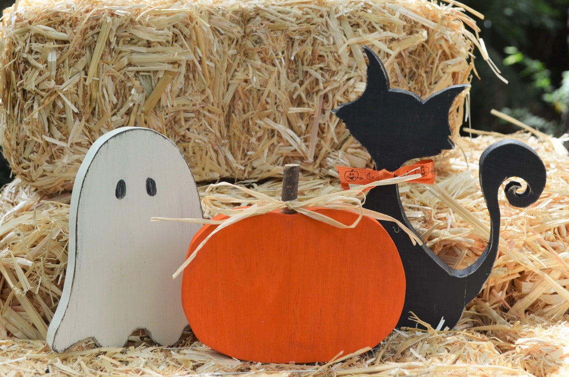 Halloween Trio Cat Pumpkin Ghost Farmhouse Halloween | Etsy
