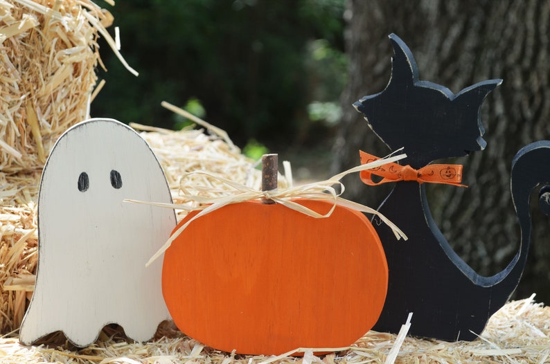 Halloween Trio Cat Pumpkin Ghost Farmhouse Halloween | Etsy