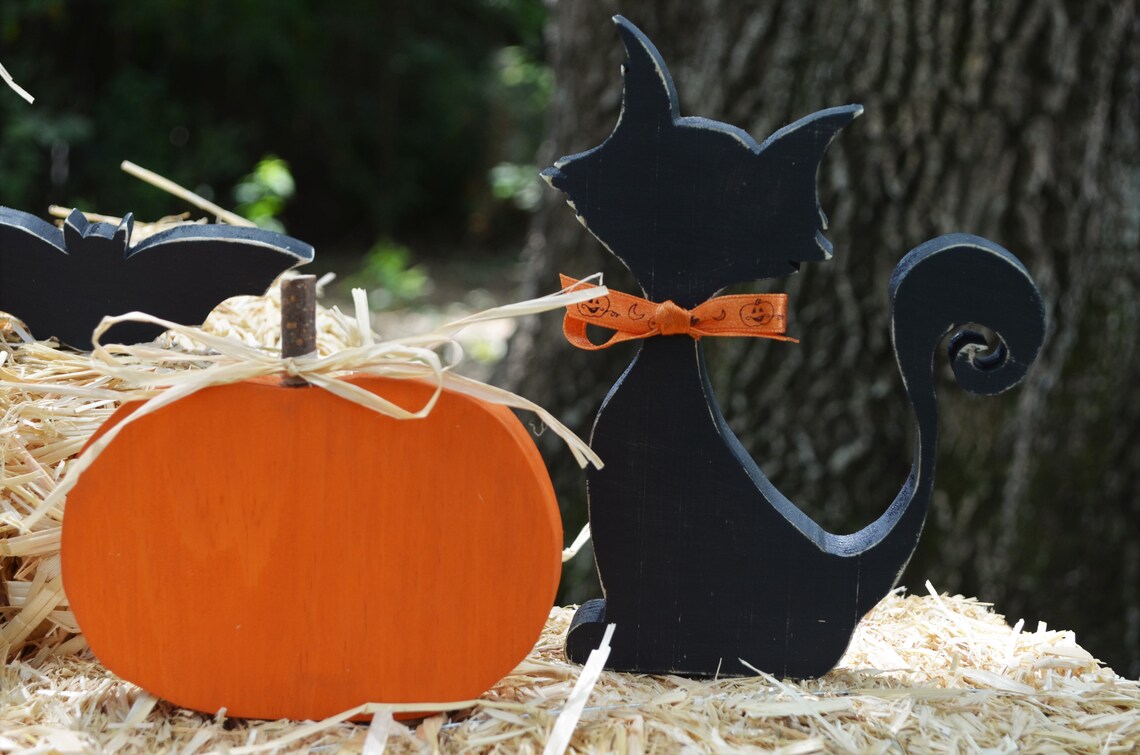 Halloween Trio Cat Pumpkin Ghost Farmhouse Halloween | Etsy