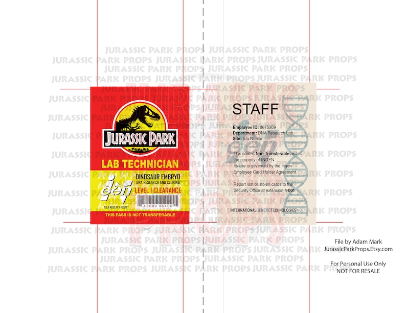 Jurassic Park Lab Technician ID Badge PDF Digital Download - Etsy