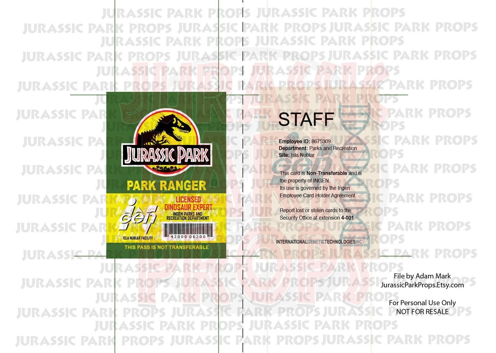 Jurassic Park Ranger ID Badge Green PDF Digital Download - Etsy