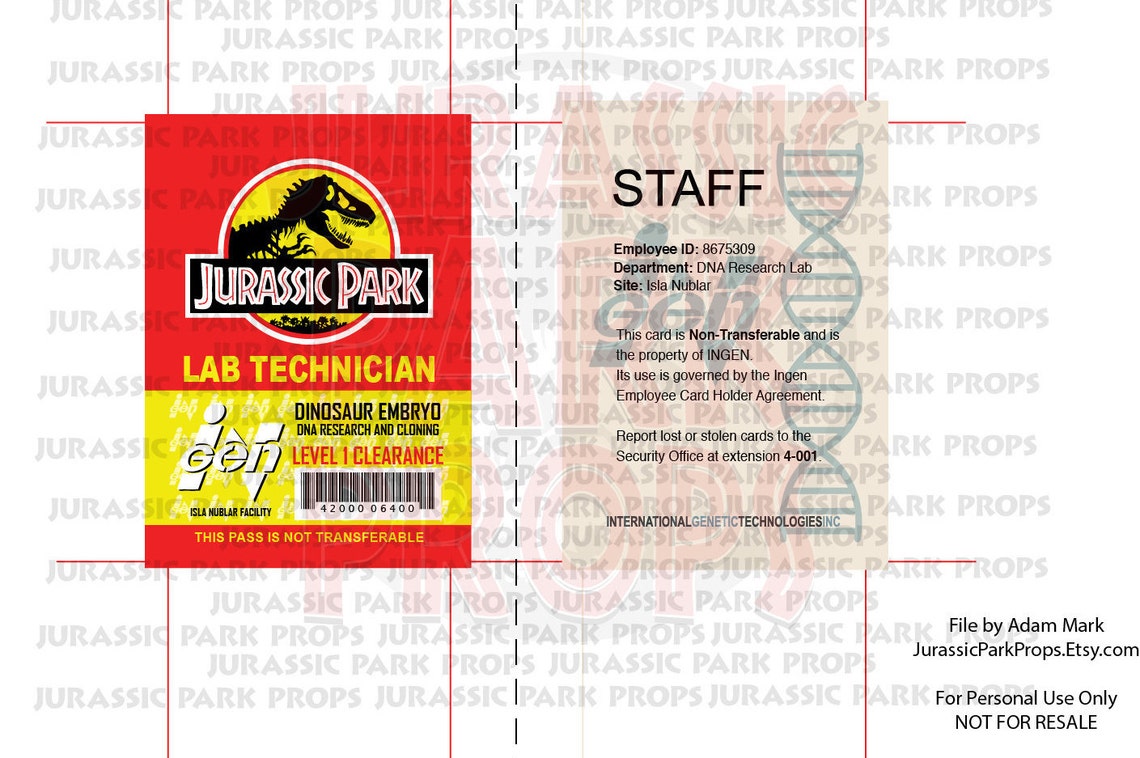 Jurassic Park Lab Technician ID Badge PDF Digital Download - Etsy