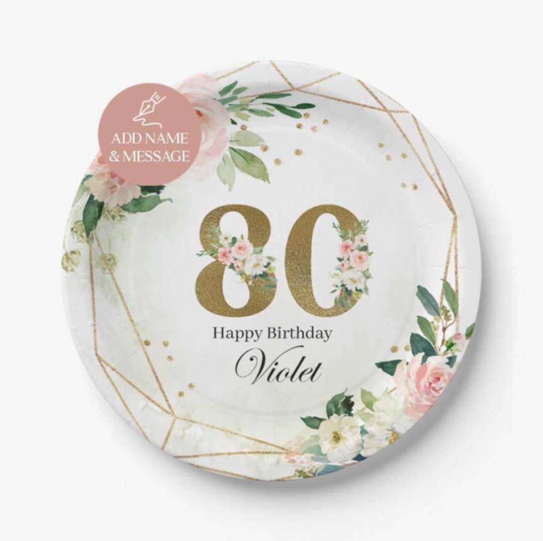 Personalized 80th Birthday Paper Plates, Custom Floral Gold Geometry ...