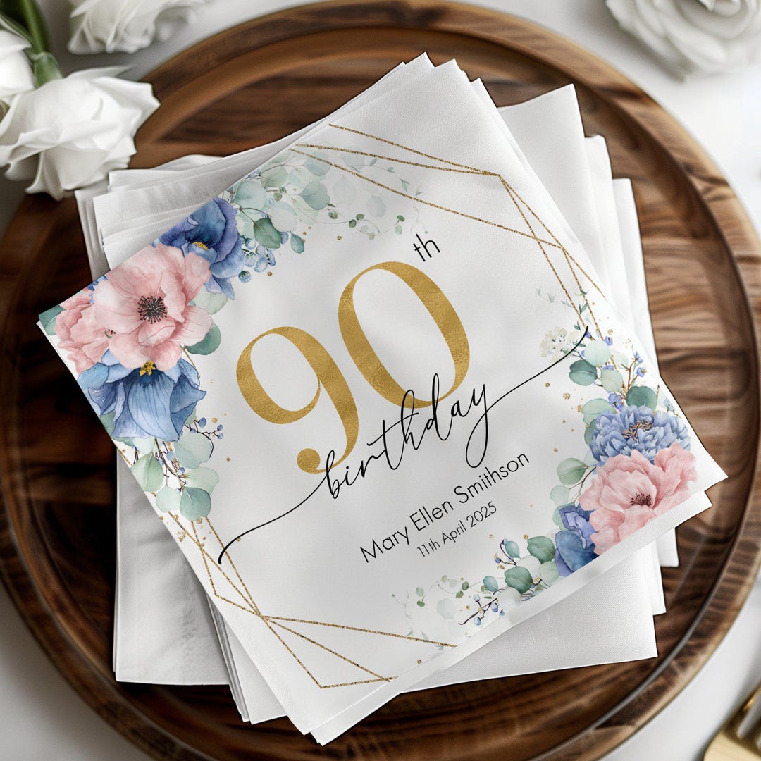 Personalized 90th Birthday Napkins With Floral Design, Custom Name and ...