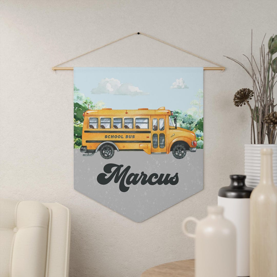 Kids Pennant Banner, Yellow School Bus Personalized Room Decor, Custom ...