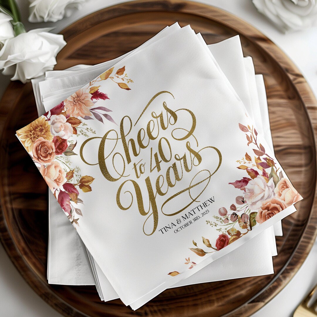 Cheers to 40 Years Anniversary Napkins, Personalized 40th Birthday ...