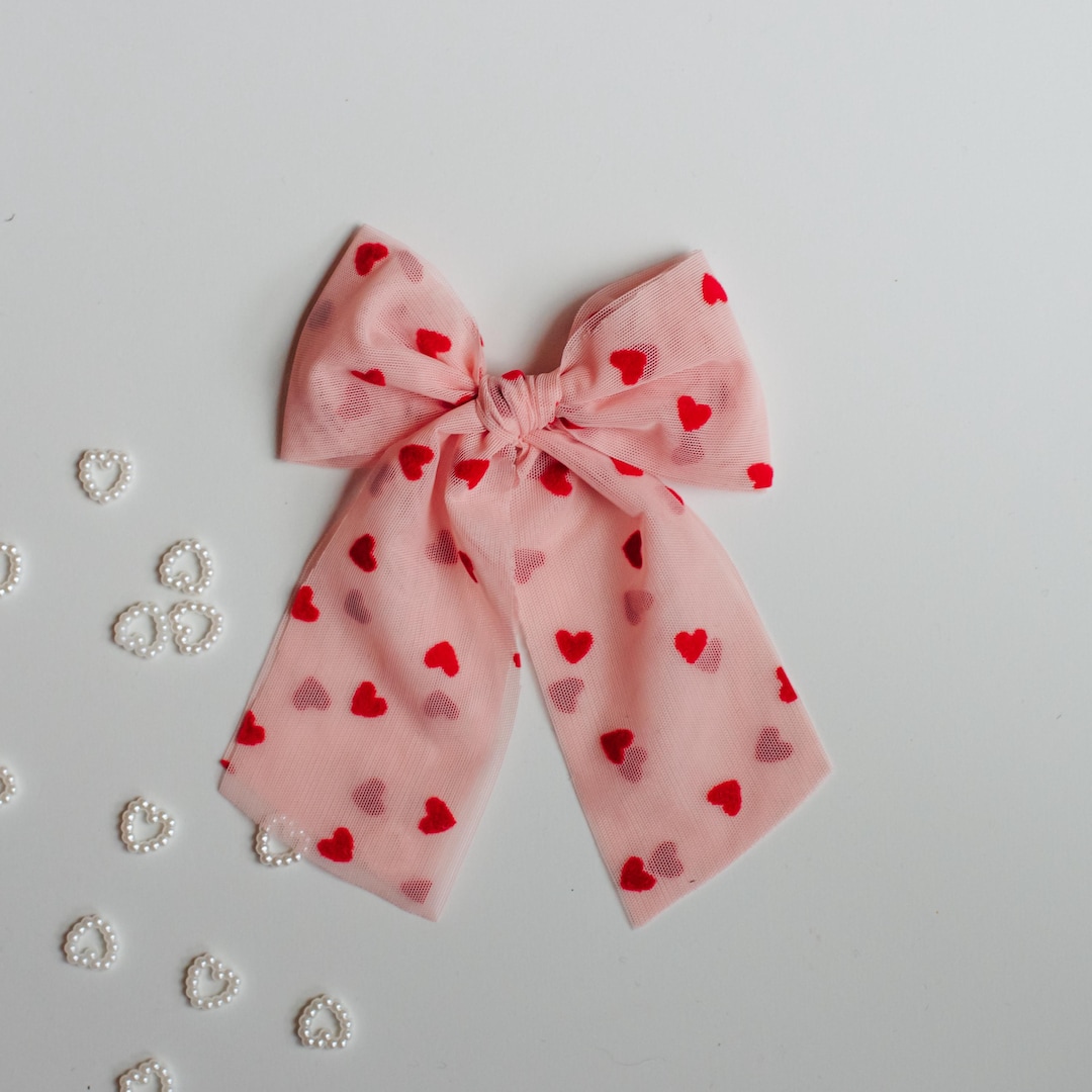 Valentine's Day Bow: Pink Tulle With Flocked Red Hearts - Etsy