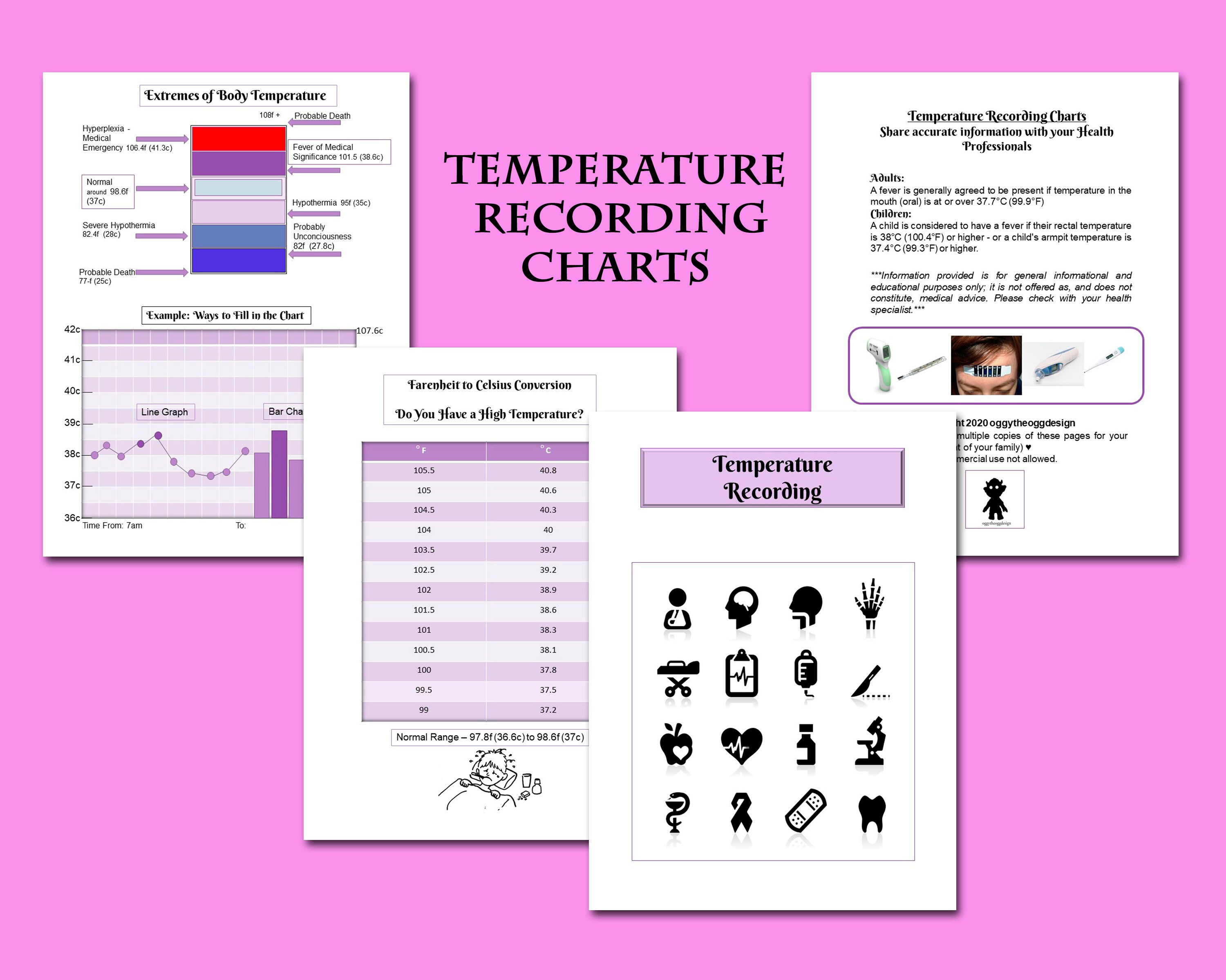Temperature Recording Chart Bundle, Symptoms Tracker, Family Health ...