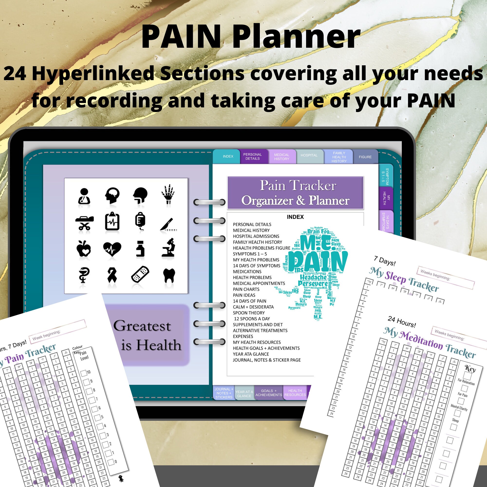 DIGITAL PAIN Planner: Instant Download Pdf With Hyperlinks, 24 Sections ...