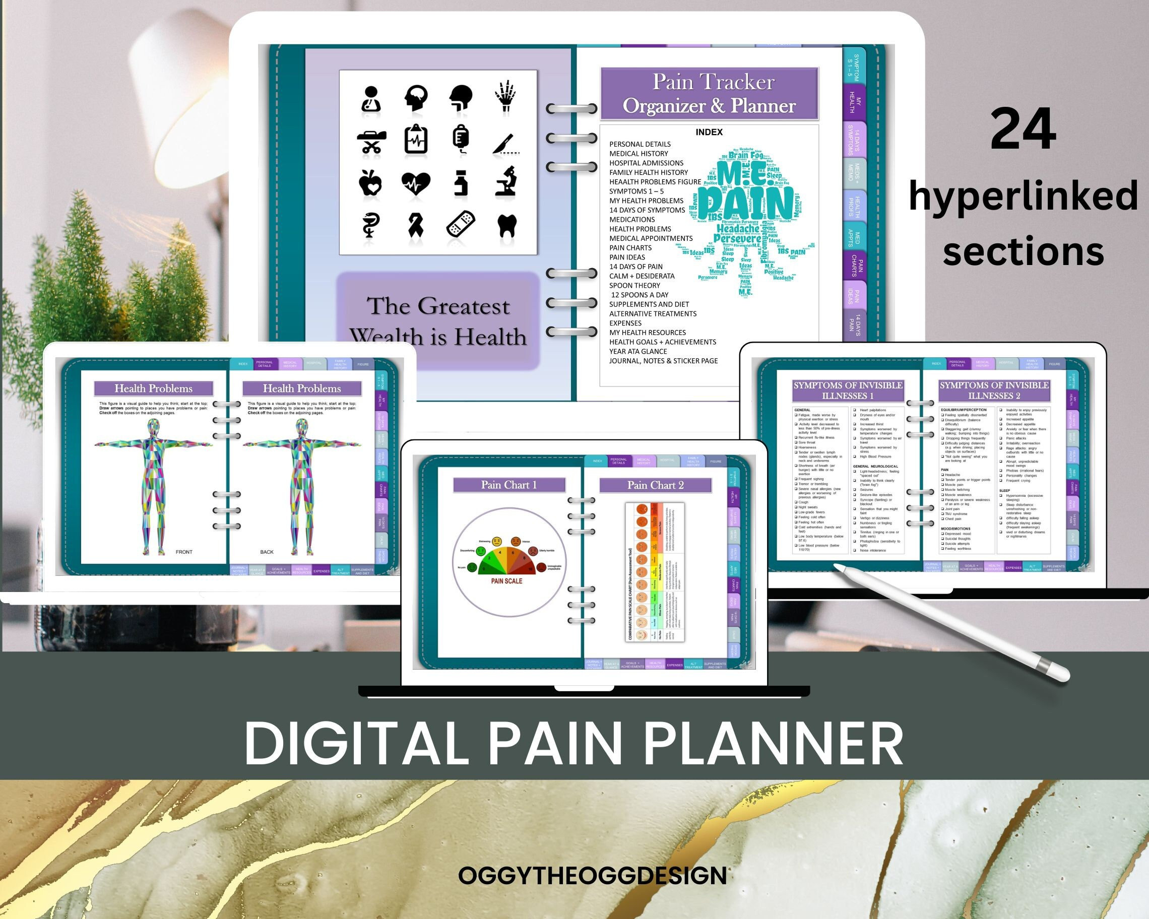 DIGITAL PAIN Planner: Instant Download Pdf With Hyperlinks, 24 Sections ...