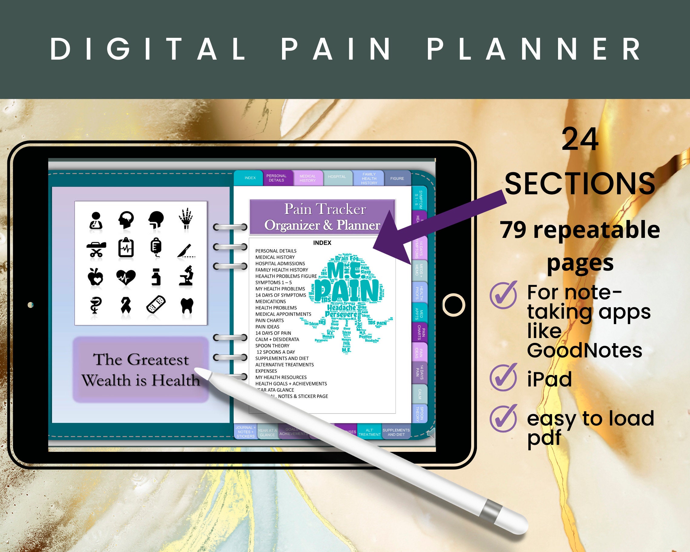DIGITAL PAIN Planner: Instant Download Pdf With Hyperlinks, 24 Sections ...