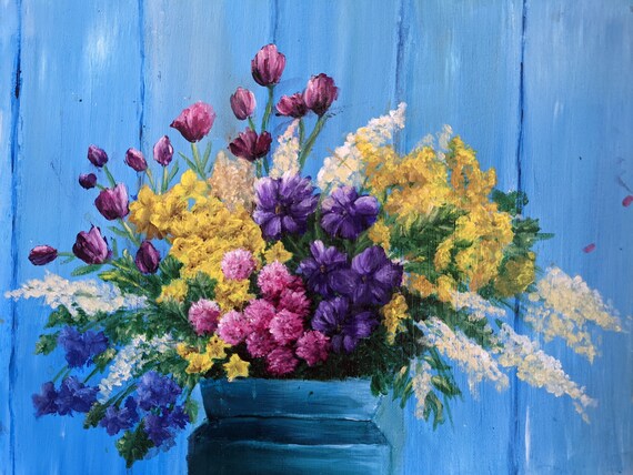 Spring Flowers With Blue Wood Background - Etsy