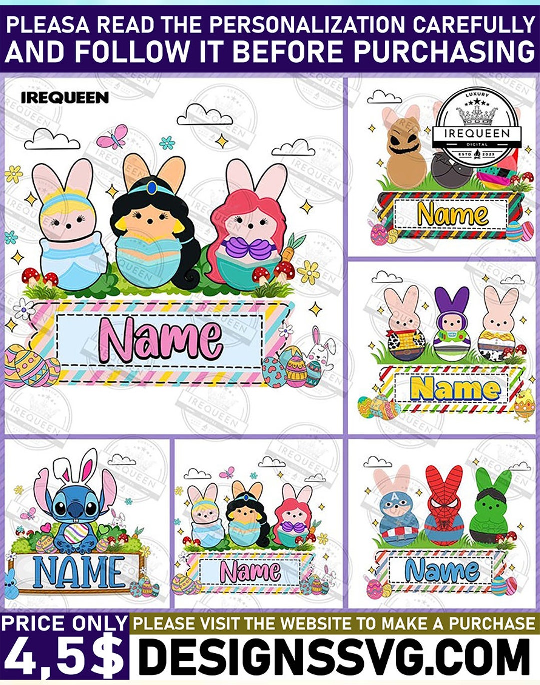 5 CUSTOM Cartoon Easter Bunny Png Bundle, Kids Name Peeps Easter Day ...
