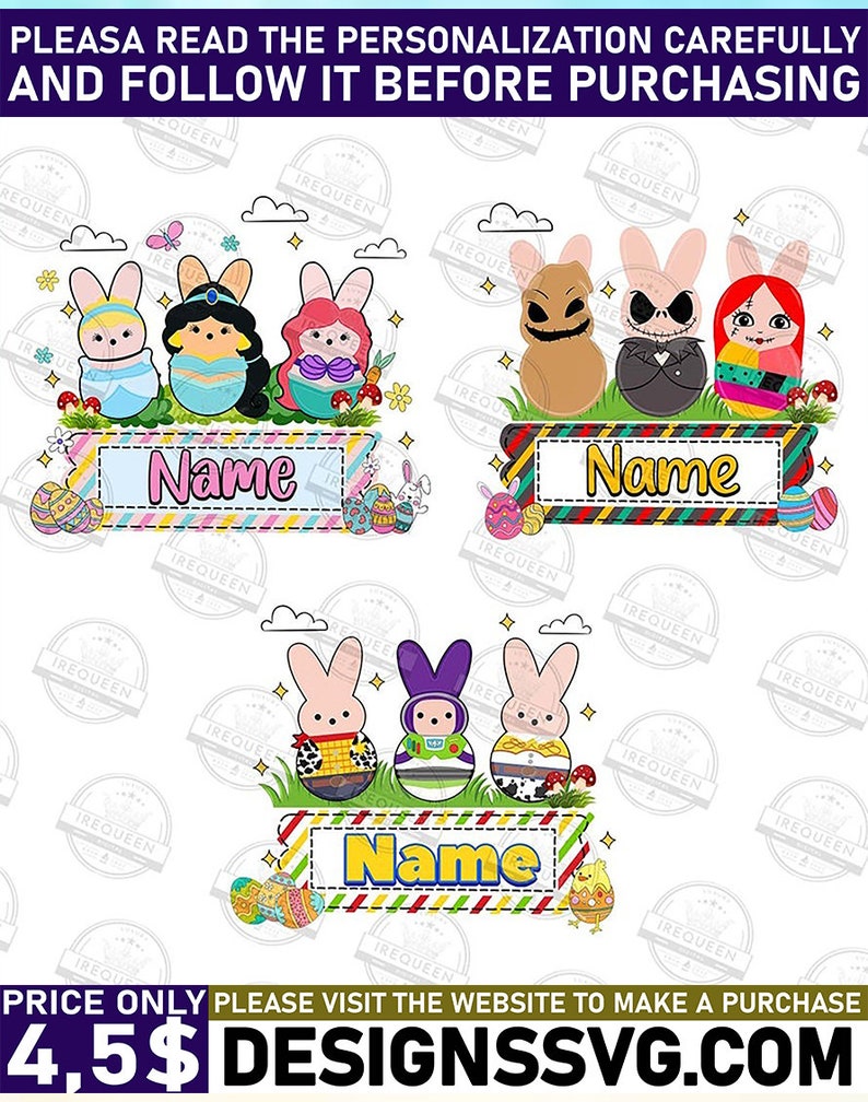 5 CUSTOM Cartoon Easter Bunny Png Bundle, Kids Name Peeps Easter Day ...