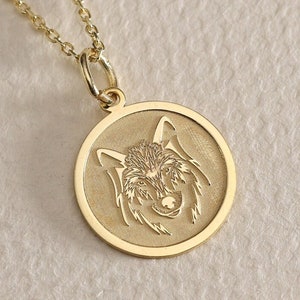 Gold Solid 14K Real Gold Wolf Necklace, Geometric Wolf Disc Pendant ...
