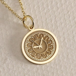 Gold Solid 14K Real Gold Clock Necklace , Personalized Vintage Clock ...