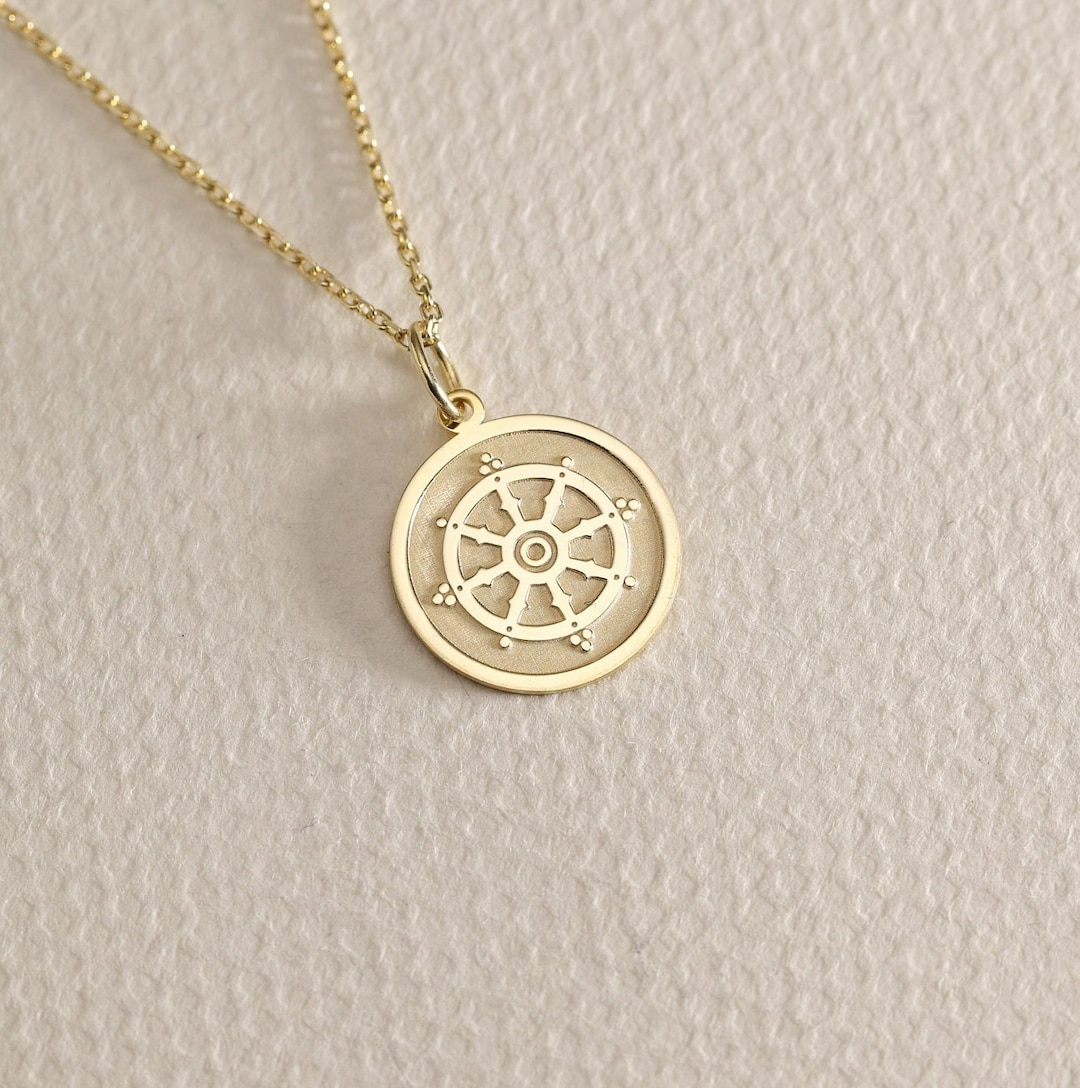 Gold Solid 14K Real Gold Dharma Wheel Necklace, Personalized Dharma ...