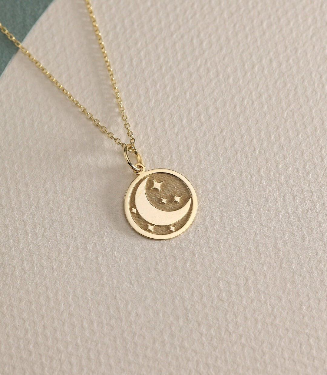 Gold Solid 14K Real Gold Moon Star Necklace , Personalized Moon Star ...