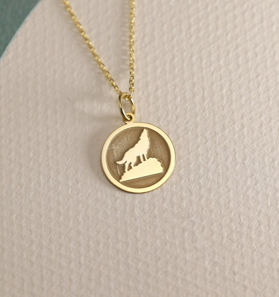 Gold Solid 14K Real Gold Wolf Necklace, Geometric Wolf Disc Pendant ...