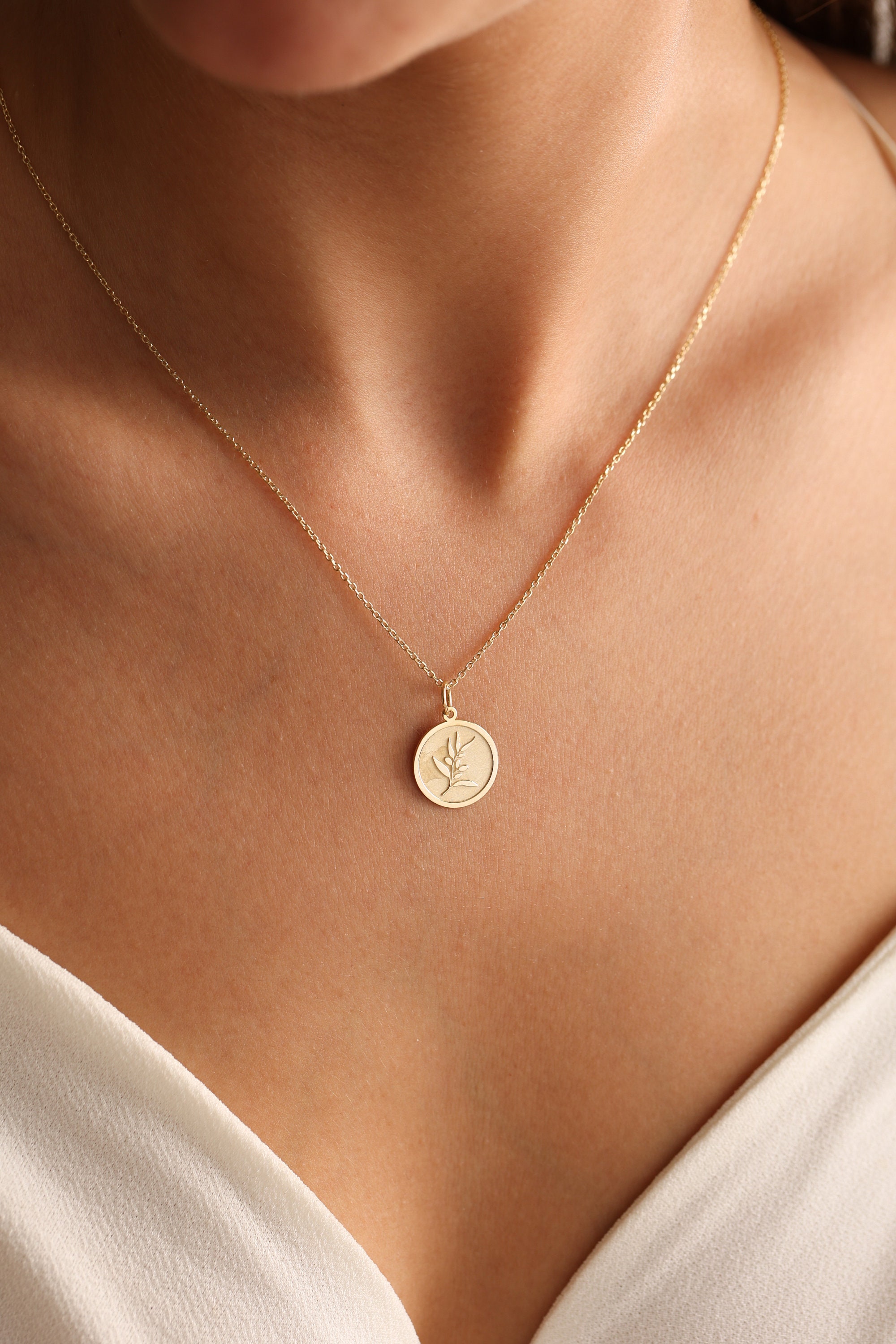 Gold Solid 14K Real Gold Olive Branch Necklace, Gold Olive Tree Pendant ...