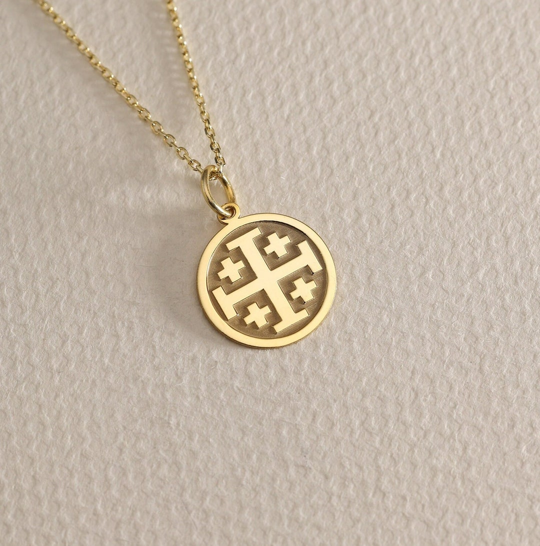 Gold Solid 14K Real Gold Jerusalem Cross Necklace, Personalized Cross ...