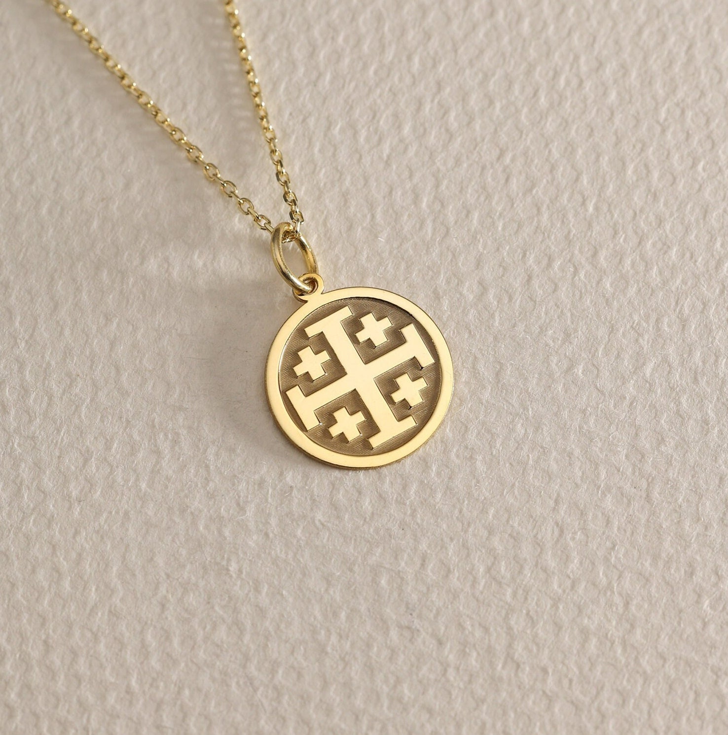 Gold Solid 14K Real Gold Jerusalem Cross Necklace, Personalized Cross ...