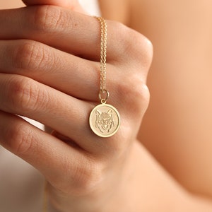 Gold Solid 14K Real Gold Wolf Necklace, Geometric Wolf Disc Pendant ...