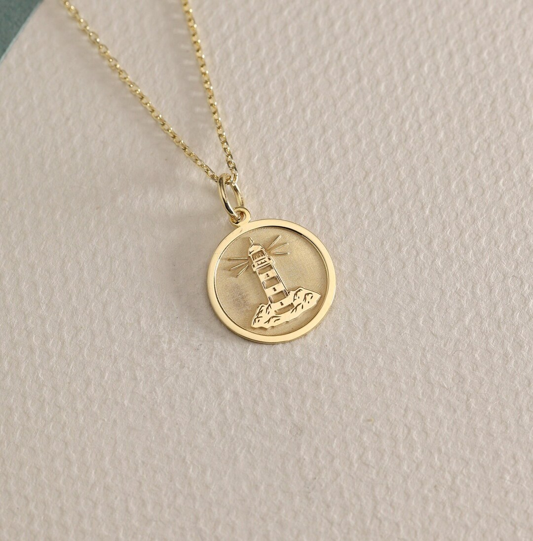 Gold Solid 14K Real Gold Lighthouse Necklace, Personalized Lighthouse ...