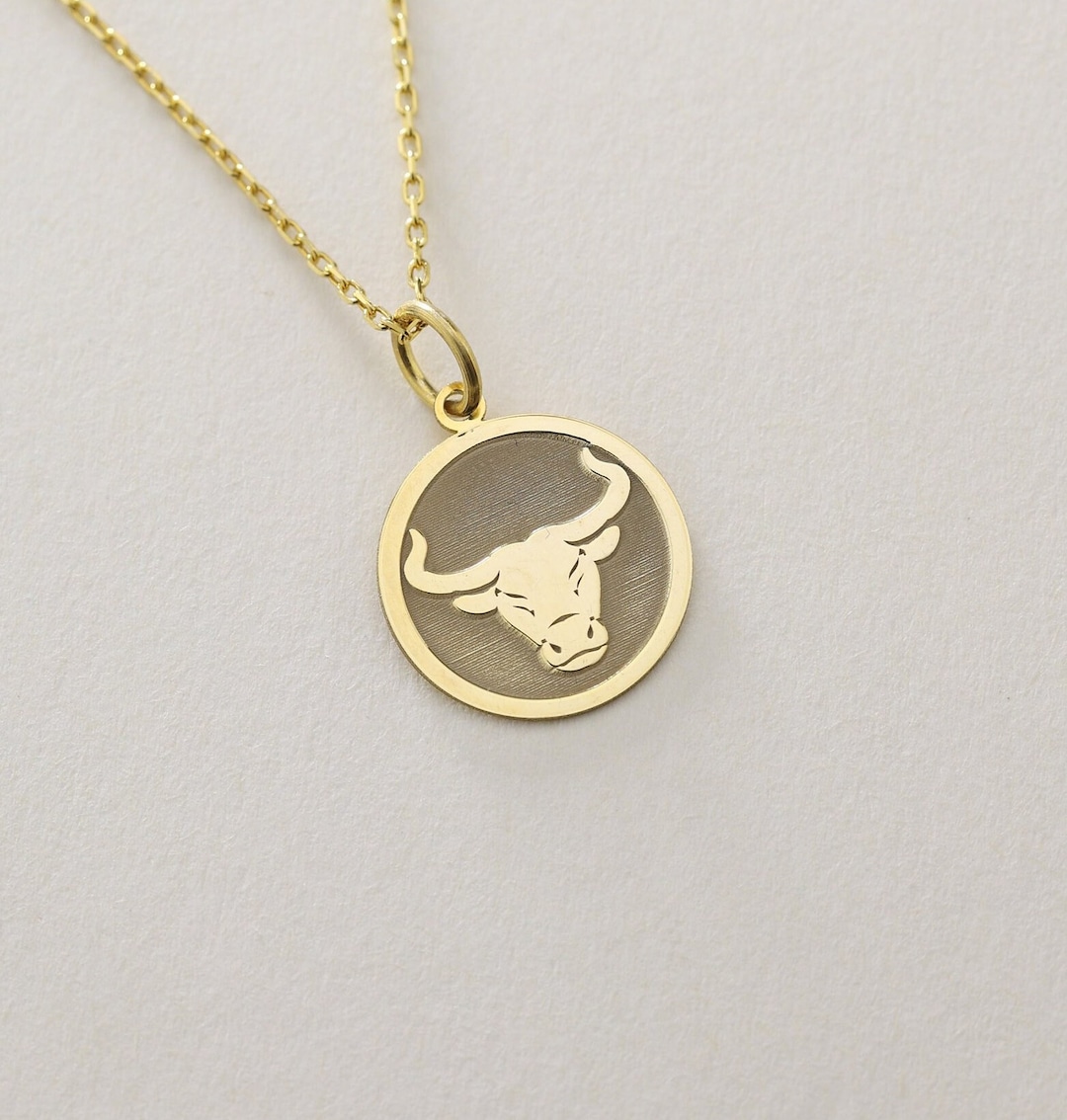 Gold Solid 14K Real Gold Taurus Zodiac Necklace, Taurus Bull Pendant ...