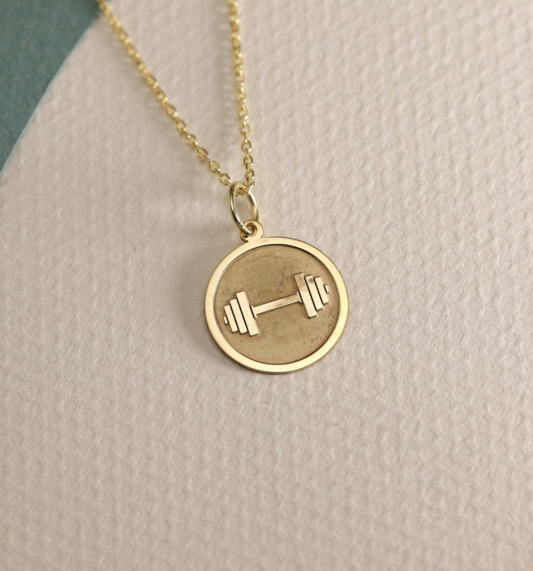Gold Solid 14K Real Gold Dumbbell Necklace Gym Jewelry Fitness ...