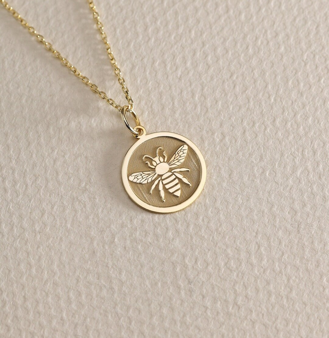 Gold Solid 14K Real Gold Bee Necklace, Personalized Honeybee Pendant ...