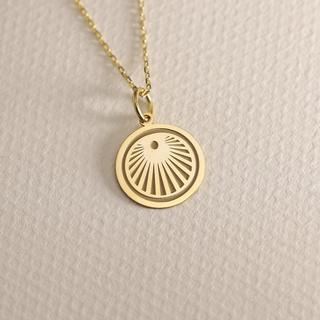 Gold Solid 14K Real Gold Sun Necklace, Gold Coin Sunshine Pendant ...