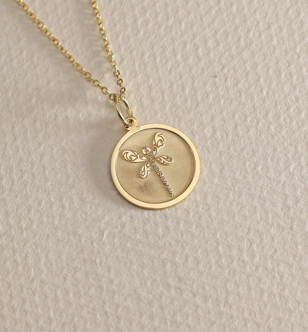 Gold Solid 14K Real Gold Dragonfly Necklace, Personalized Gold Coin ...