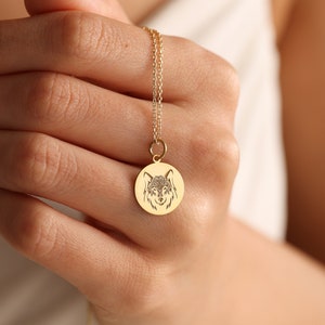 Gold Solid 14K Real Gold Wolf Necklace, Geometric Wolf Disc Pendant ...
