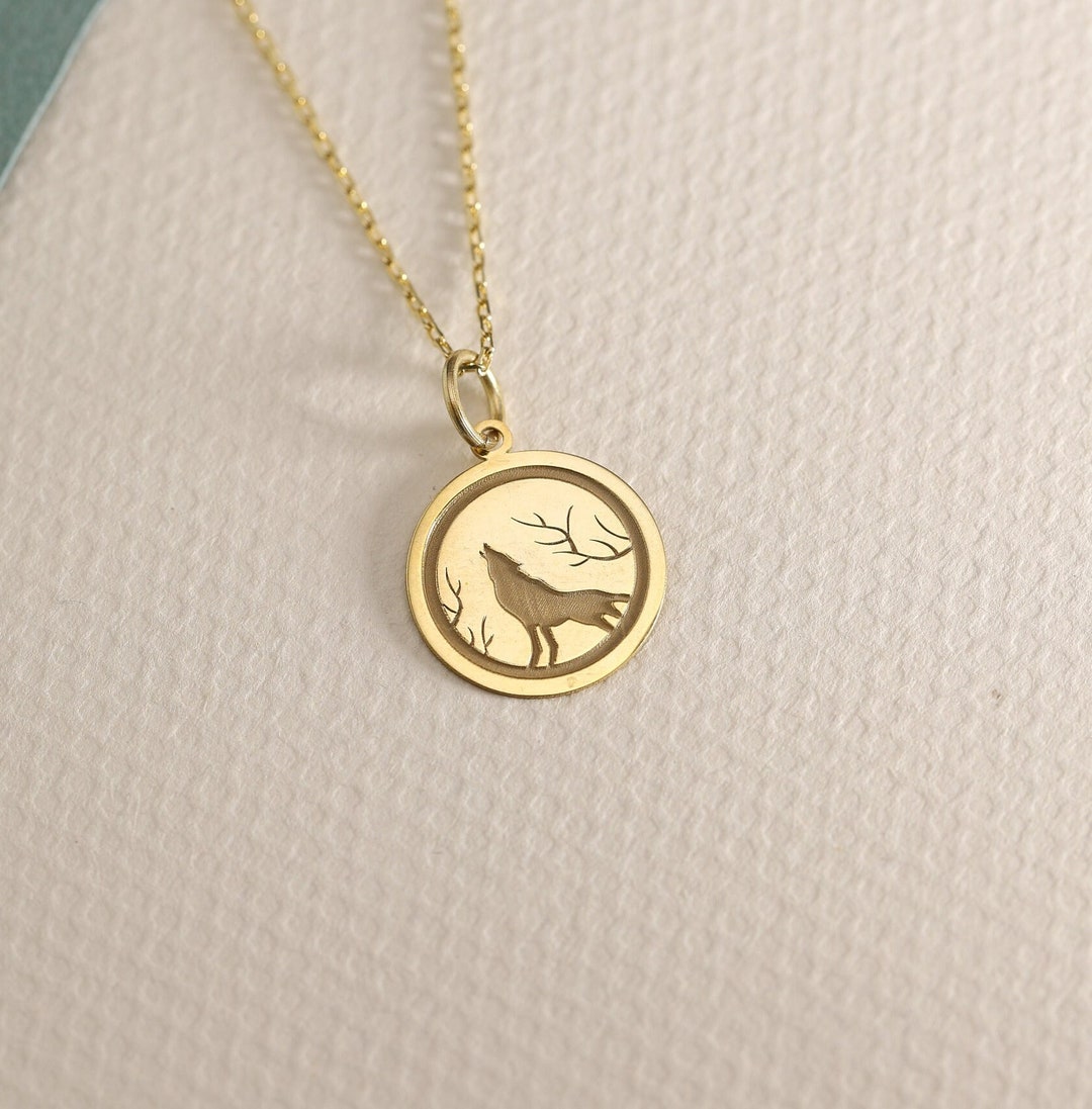 Gold Solid 14K Real Gold Wolf Pendant, Wolf Custom Necklace, Charm ...