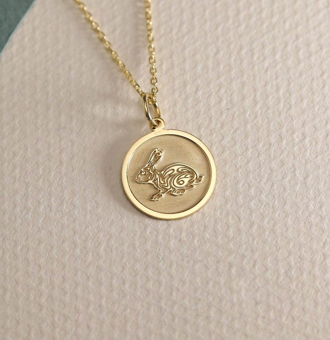 Gold Solid 14K Real Dainty Rabbit Necklace Solid Gold Coin Rabbit ...