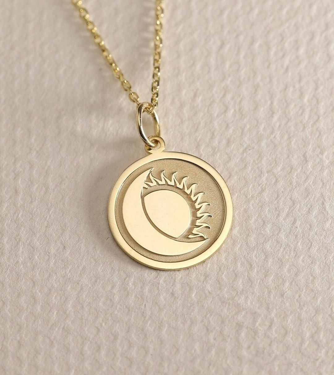 Gold Solid 14K Real Gold Eclipse Necklace, Personalized Eclipse Pendant ...
