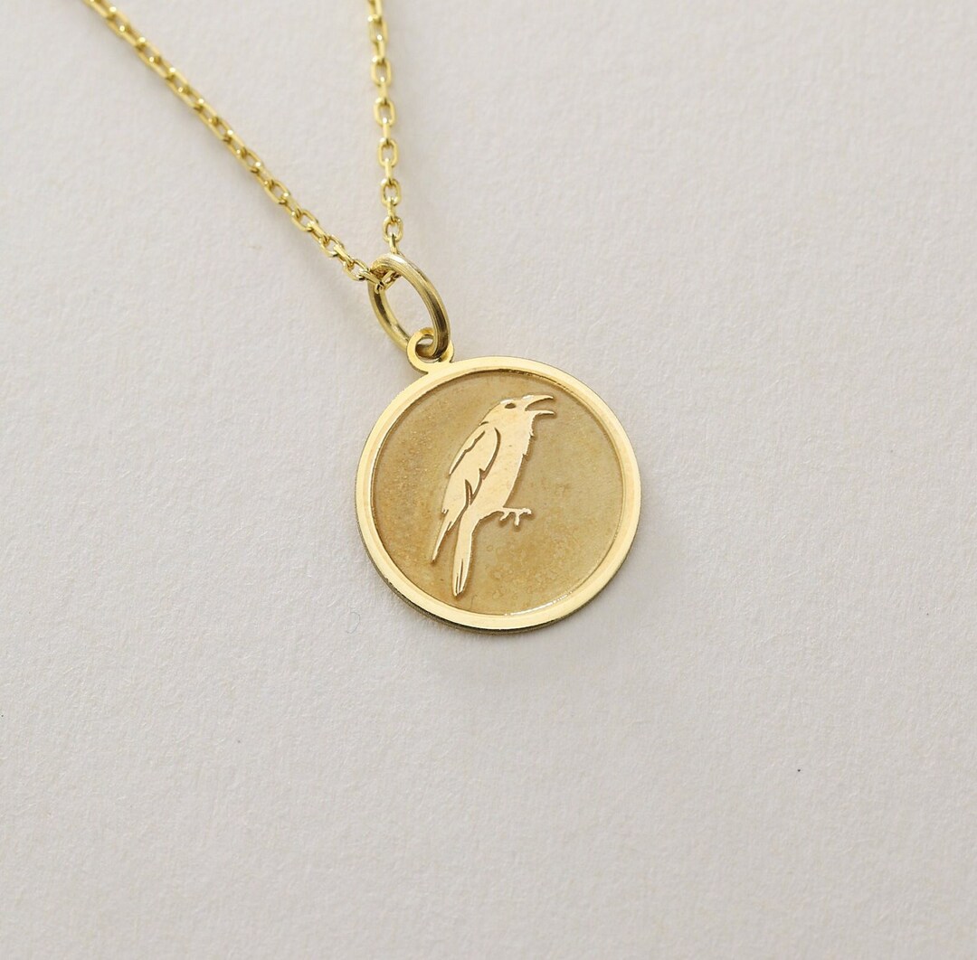Gold Solid 14K Real Gold Crow Necklace, Gold Coin Celtic Crow Pendant ...
