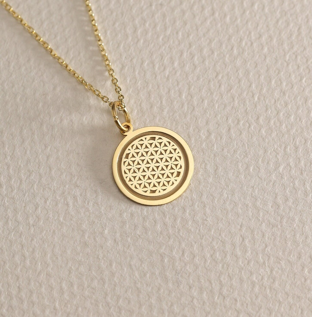 Gold Solid 14K Real Gold Flower of Life Necklace, Personalized Flower ...