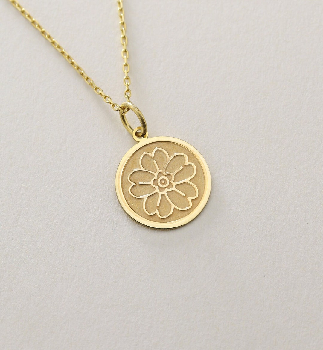 Gold Solid 14K Real Gold Daisy Flower Necklace, Personalized Gold Daisy ...