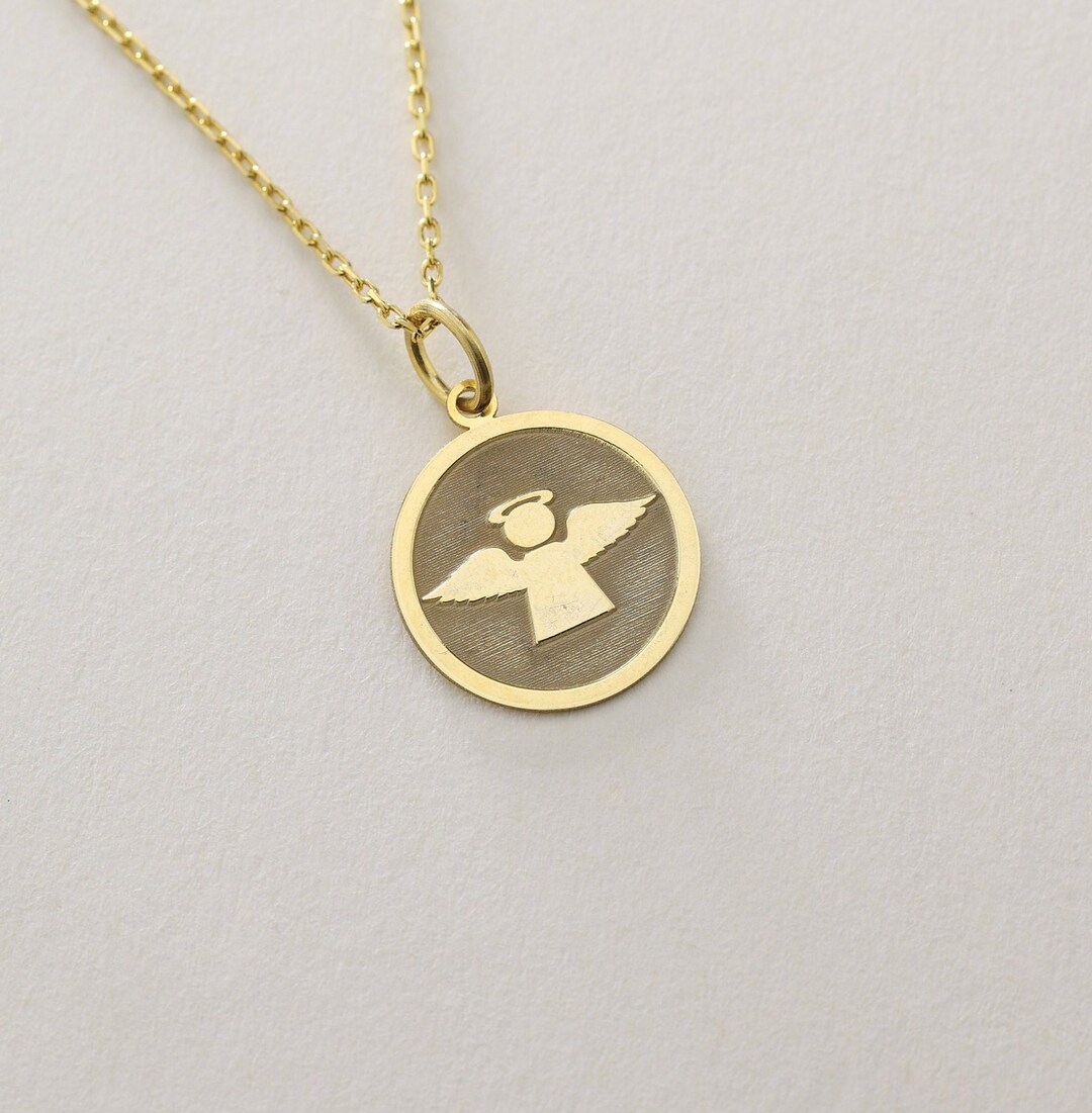 Gold Solid 14K Real Gold Angel Necklace, Personalized Angel Pendant ...